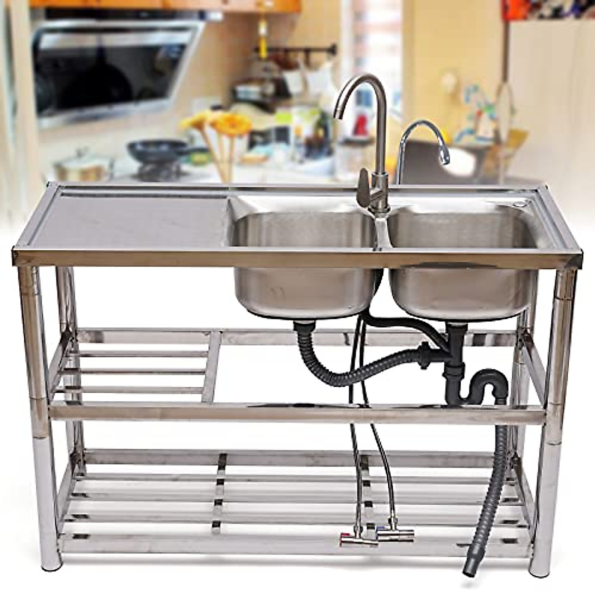 awolsrgiop Kitchen Commercial Left Worktop + Right Sink Stainless Steel Drainage Devices 2 Compartment + Prep Table Bowl Size 13x13x8", Suitable for Washing and Cleaning Food, Fruits, Vegetables