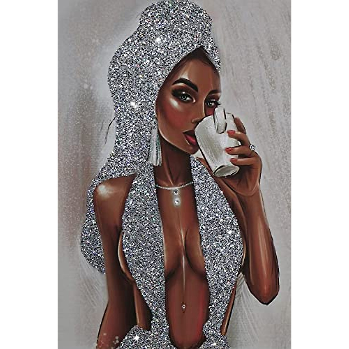 African American Black Woman Silver Glitter Textured Canvas Print Poster,Sparkly Women's Wall Decor Fashion Female Painting Canvas Prints Living Room Bedroom Bathroom Home Decor,16x24 inch,Unframed.