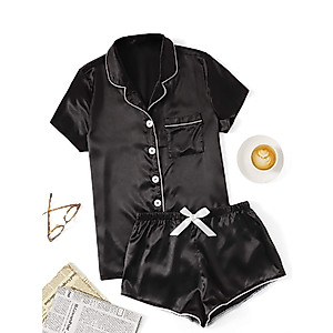 WDIRARA Women's Pajama Sets Satin Short Sleeve Down Shirts and Shorts Sleepwear PJ Set Dull Black Medium