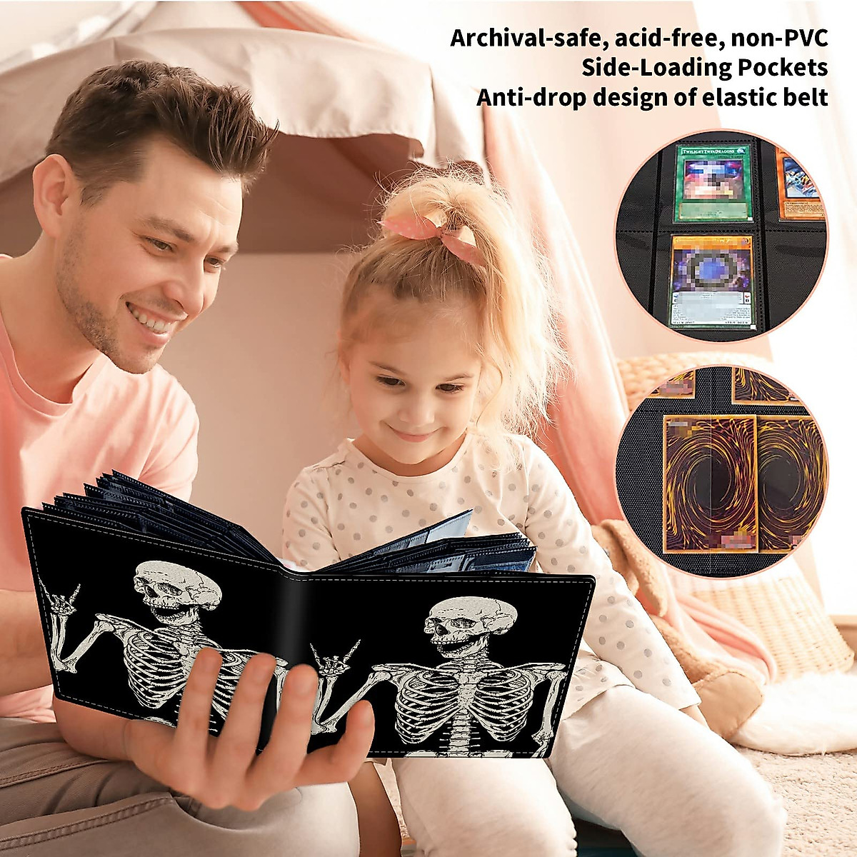 4 Pocket Card Binder, Waterproof Trading Card Folders with Double Sided Pockets, 320 Card Collection Binder for Game Cards/Most Standard Size Cards/Sports Cards, Rock Skull