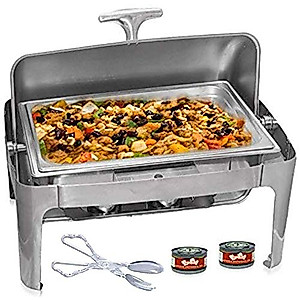 TigerChef Chafing Dish Buffet Set - Roll Top Chaffing Dishes Stainless Steel - 3 Chafer and Buffet Warmer Set with 6 Fuel Gel and 3 Plastic Tongs