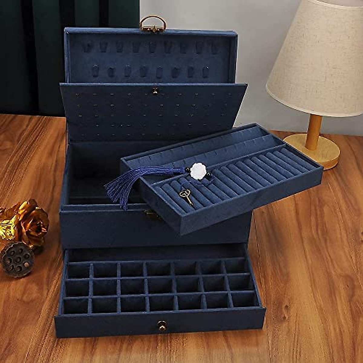 GYJOYERO Jewelry Box Jewelry Earrings Organizer Women Girls 4 Layers with Drawer Necklaces Rings Watches Display Case Storage Lockable GY708 (Navy)