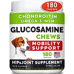 Glucosamine Treats for Dogs - Joint Supplement w/Omega-3 Fish Oil - Chondroitin, MSM - Advanced Mobility Chews - Joint Pain Relief - Hip & Joint Care - Chicken Flavor - 180 Ct - Made in USA