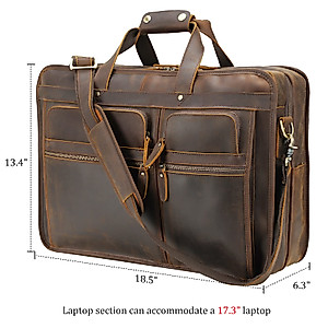 Polare 18.5” Full Grain Leather Laptop Briefcase Messenger Work Bag Overnight Bag For Men X-Large Fits 17.3” Laptop