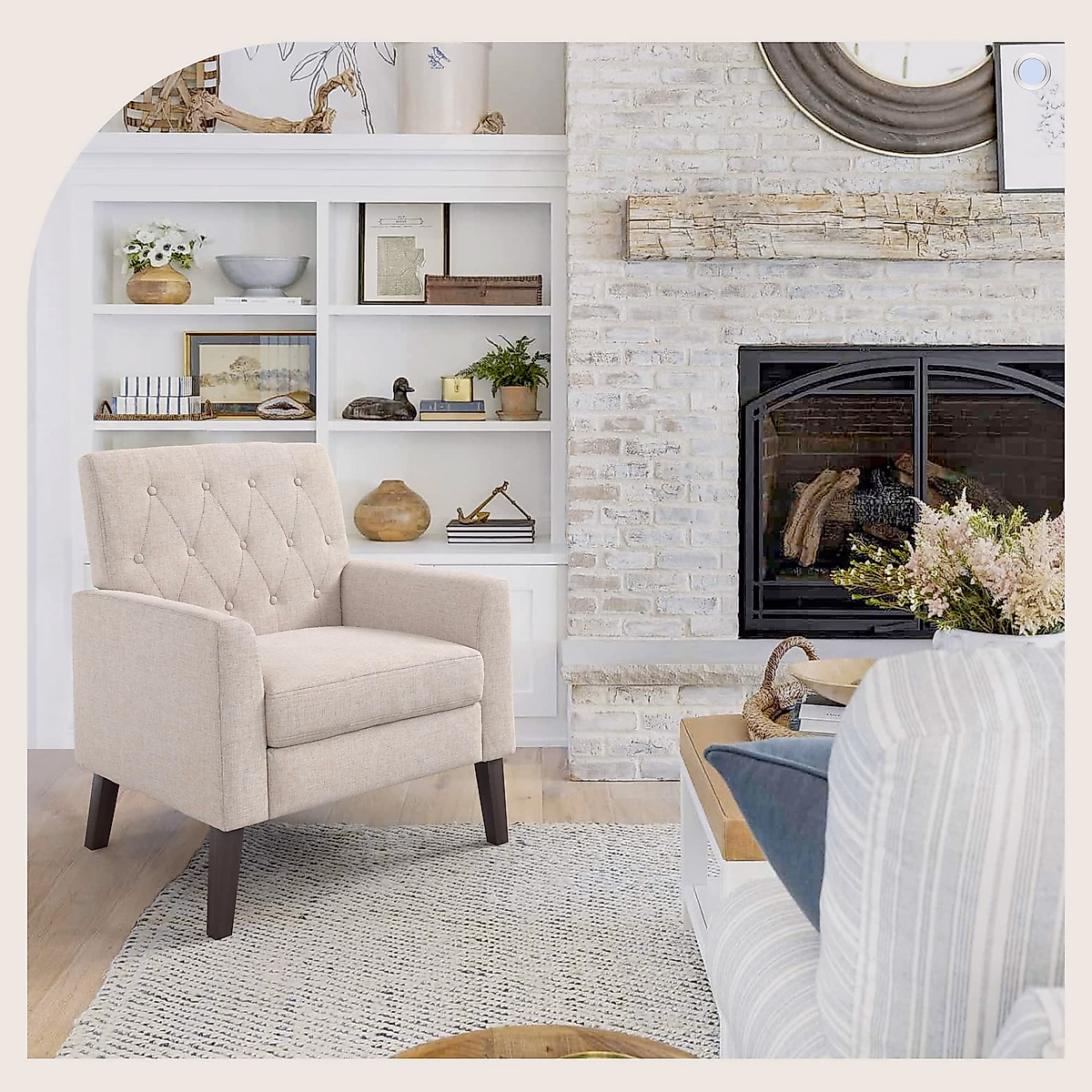 LUE BONA Linen Accent Chairs Set of 2 18.5" H, Comfy Living Room Chair with Arms, Upholstered Button Tufted Armchair, Modern Arm Chairs for Small Space, Living Room, Bedroom, Linen Color