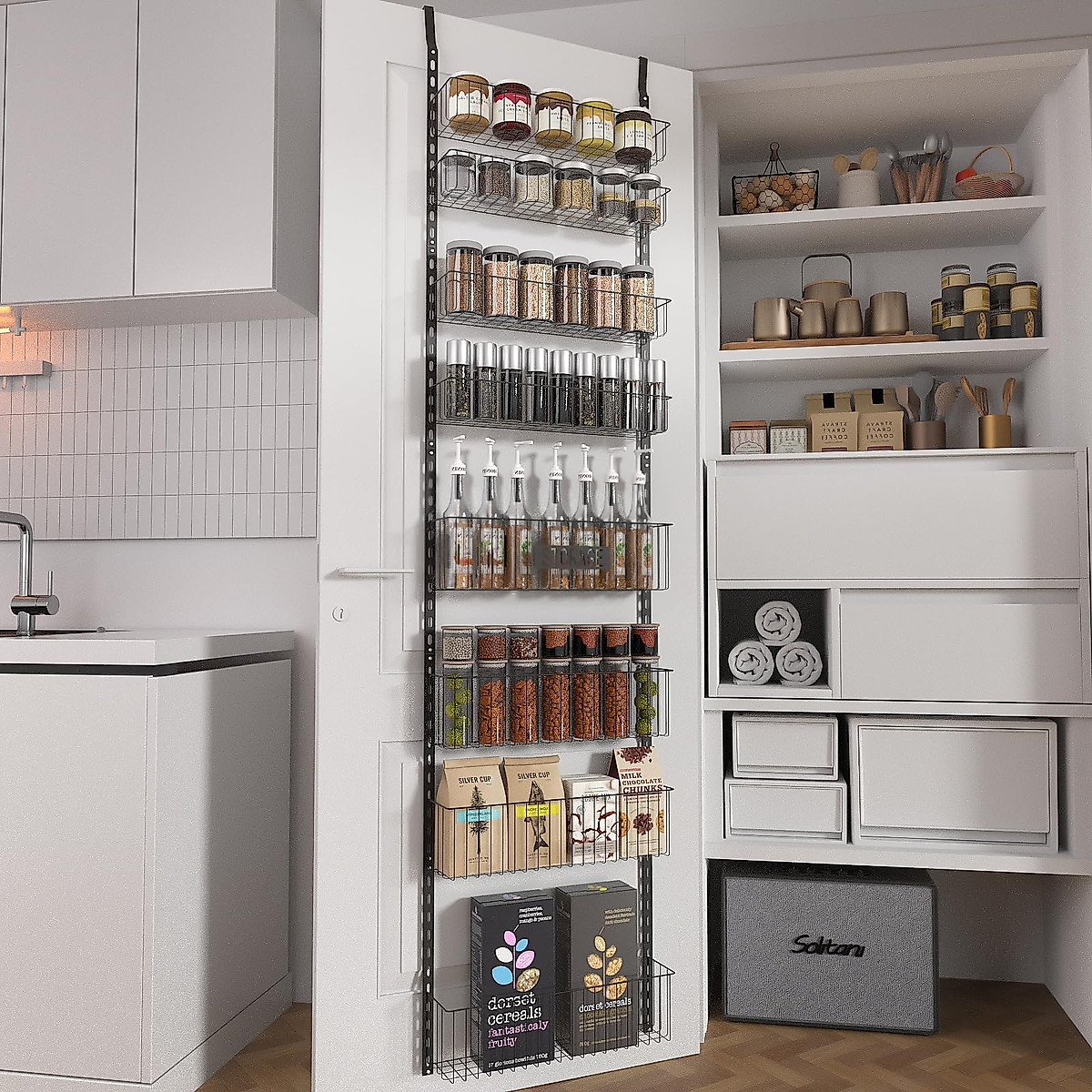 Shengsite 8-Tier Over the Door Pantry Organizer, Heavy-Duty Metal Pantry Door Organizer with 4 Long and 4 Short Baskets, Dual-use Hanging or Wall Mount Spice Rack Organizer, Black