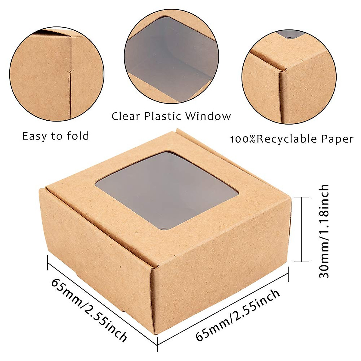 BENECREAT 30 Packs 2.5x2.5x1.2 Square Brown Kraft Paper Boxes Gift Candy Boxes with Clear Window for Wedding Party Favor Treats, Bakery and Jewelry, Festival Gift Packaging