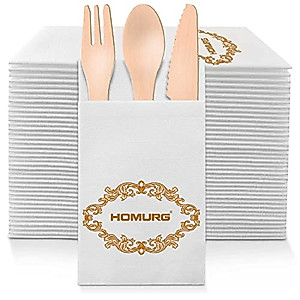 HOMURG Luxury Folded Paper Napkins with Wooden Silverware Bulk for 100 Guests, White Pocket Napkin Serviette and Wood Cutlery, Wedding Birthday Christmas Party Guest Towels & Flatware Set 300 Utensils