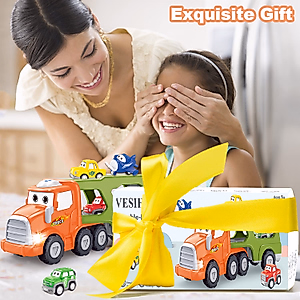 VESIHOLO Toy Trucks, Toddler Toys Car for Boys and Girls, Toys for 3 4 5 6 Year Old, 5-in-1 Push Back Toy Vehicle, Toy Trucks, Car Trucks with Light Sound for Kids, Birthday Gift Toys