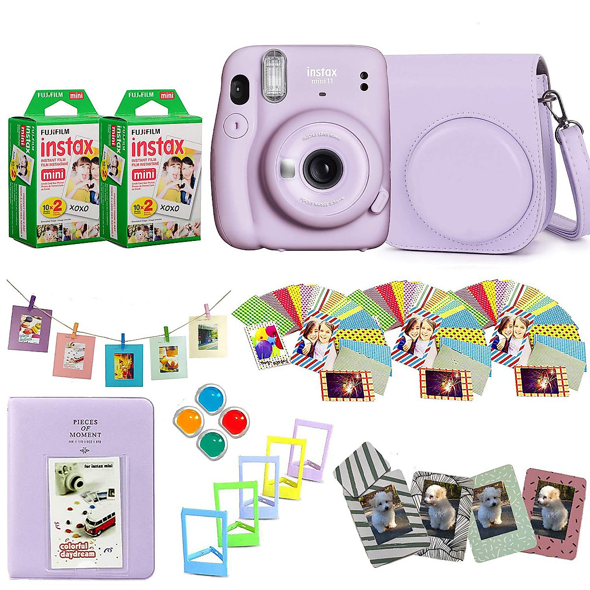 Fujifilm Instax Mini 11 Instant Camera + Fuji Instax Film 40 Shots + Protective Case + Magnetic Frames + Album, Frames Design Kit (Lilac Purple)