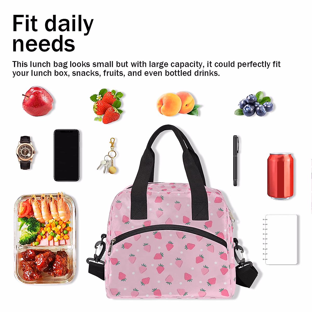 Pardick Pink Strawberry Insulated Lunch Bag Polka Dot Lunch Box for Women Girl with Shoulder Strap Tote Bag Reusable Large Containers Meal Prep for School Work Travel Picnic Thermal Cooler Bag
