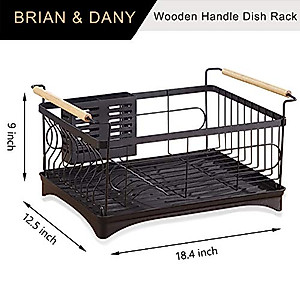 BRIAN & DANY Dish Drying Rack with Drip Tray, Stainless Steel Dish Drainer with Wooden Handles and Cutlery Holder, 18.4 x 12.5 x 9 inches, Black