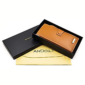 ANDOILT Women's RFID Blocking Large Capacity Luxury Wax Genuine Leather Clutch Wallet Card Holder Organizer Ladies Purse Cell Phone Handbag Brown