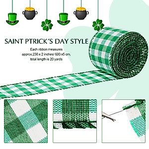 3 Rolls St. Patrick's Day Buffalo Plaid Ribbon Green and White Wired Edge Ribbon St. Patrick's Day Check Burlap Ribbon for Wrapping, Crafts Decoration, 2 Inch x 6.6 Yard (Green and White)