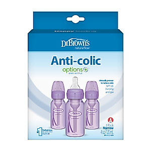 Dr. Brown’s Natural Flow® Anti-Colic Options+™ Narrow Baby Bottles 4 oz/120 mL, with Level 1 Slow Flow Nipple, 3 Pack, 0m+ Lavender