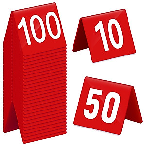 100 Pcs Acrylic Table Numbers 1-100 Double Side Numbered Table Tents Restaurant Wedding Table Tent Cards for Party Banquets Service Evidence Markers Supplies, 2.5 x 2 x 1.6 Inch (Red Background)