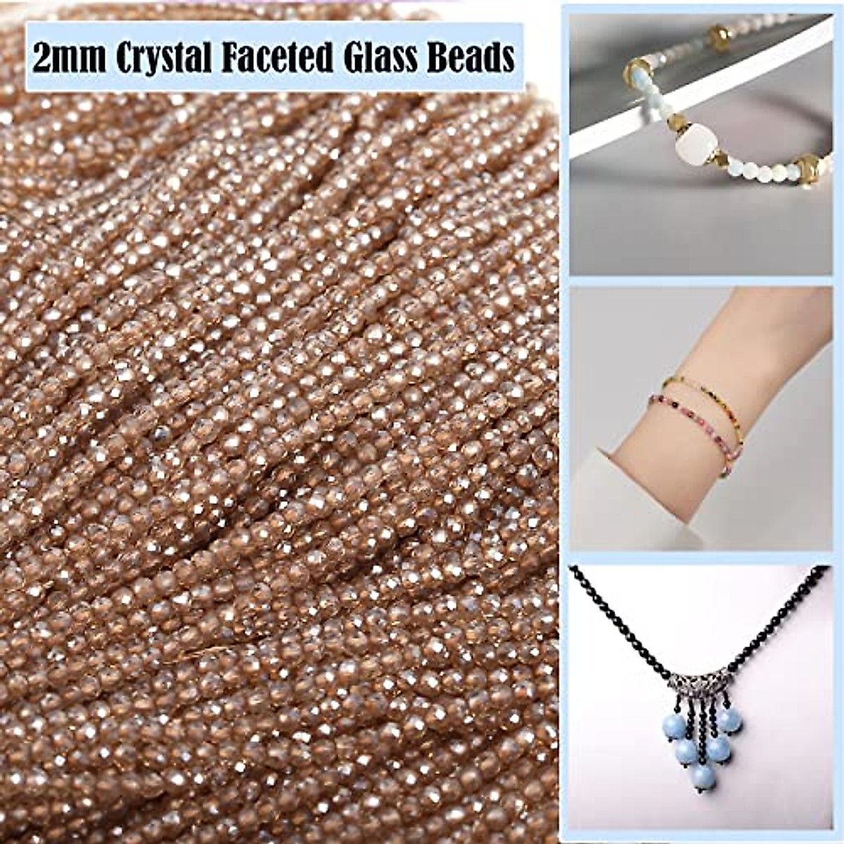 1850Pcs 2mm Crystal Faceted Glass Beads, Diamond Cut Gemstone Strand, Micro 48 Faceted Tiny Glass Beads for DIY Jewelry Making (Champagne Gold)