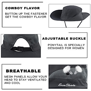 Womens Ponytail Sun Hat Outdoor UV Protection Foldable Floppy Bucket Hats Wide Brim Summer Beach Fishing Cap Grey