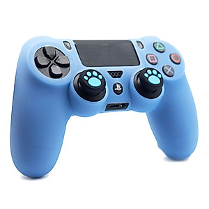 Controller Skin for PS4,BRHE Anti-Slip Grip Silicone Cover Protector Case Compatible with PS4 Slim/PS4 Pro Wireless/Wired Gamepad Controller with 2 Cat Paw Thumb Grip Caps (Blue)