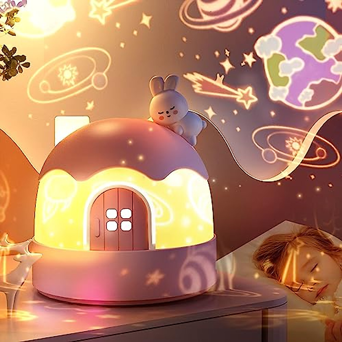 Jovow Baby Night Light for Kids, Rotating Star Light Projector for Kids with Music and Remote Timer, 84 Light Modes 14 Films,Rechargeable Bedroom Decor Gift for Boys Girls(Pink Snow House)