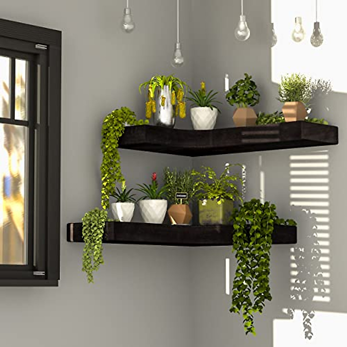 Cayln Corner Floating Shelves Wall Mounted, Invisible Mounting Brackets, Thick Rustic Wood Wall Shelves for Bedroom, Living Room, Bathroom, Kitchen, Set of 2, Brown