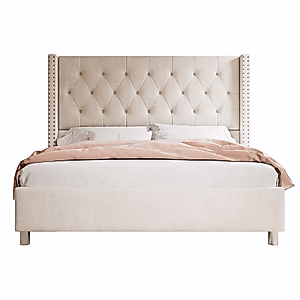Jocisland Queen Bed Frame Upholstered Bed Wingback Headboard Velvet Tufted Diamond Button/No Box Spring Needed/Easy Assembly/Cream