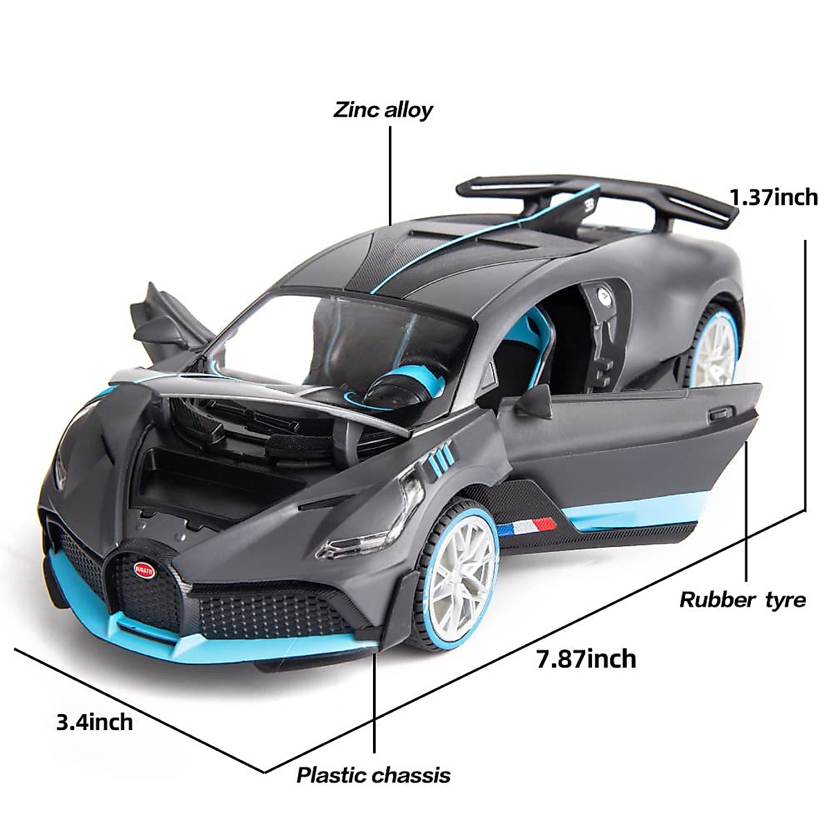 WAKAKAC 1/24 Bugatti Divo Model Car Alloy Diecast Pull Back Toy Vehicle with Light and Music Supercar Toys for Toddlers Kids Children Gift (Gray)
