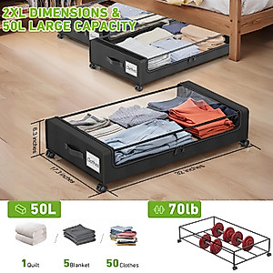 Beborxue Under Bed Storage with Wheels, 2-Pack Under Bed Storage Containers with Clear Lids, XXL 60L Under the bed storage Organizer Bins, Rolling Under Bed Metal Drawer for Clothes,Shoes,Toys (Black)