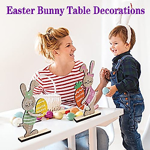 Easter Decorations for the Home 2 Pcs Wooden Easter Bunny Table Decorations Happy Easter Wooden Table Signs with Eggs Carrots for Table Living Room Office Farmhouse Spring Party Holiday Home Decor
