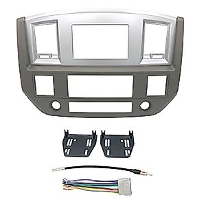Custom Install Parts Khaki w/Silver Double Din Stereo Radio Dash Kit Install Bezel +Wiring Harness+Antenna Adapter Compatible with Dodge Ram 2006-2009(Khaki/Silver Standard Non Canbus Wire Harness)