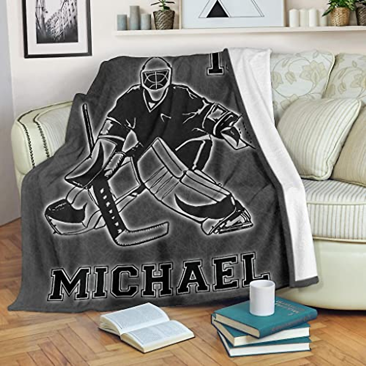 OhaPrints Custom Dark Grey Hockey Blanket Hockey Boy Player Personalized Name Number Soft Sherpa Throw Blankets Cozy Fuzzy Fleece Throws for Tv Sofa Couch Comfy Fluffy Blanket 30X40 50X60 60X80