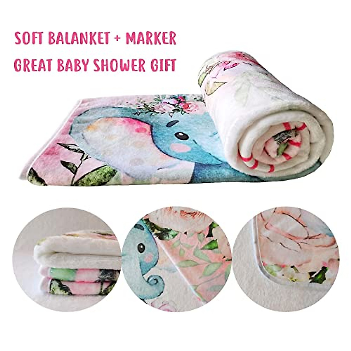 Popfavors Yuzioey Baby Girl Monthly Milestone Blanket, Floral Elephant Month Blanket for Newborn Baby Shower, Pink Elephant Girl Flower Blanket Growth Chart Monthly Blanket, Includes Marker (50x40)