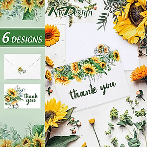 AnyDesign 36Pack Sunflower Eucalyptus Thank You Cards Bulk Watercolor Floral Greeting Cards with Envelopes Matching Seal Stickers Flower Note Cards for Wedding Birthday Baby Shower Bridal Party