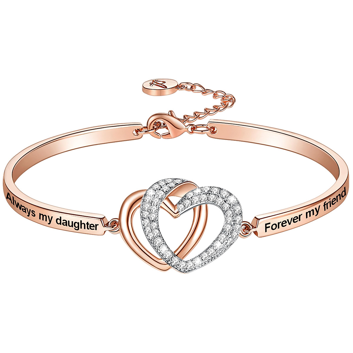 Aihitero Valentines Day Daughter Gift, ‘Always My Daughter Forever My Friend’ Love Heart Bangle Bracelet, Women Rose Gold Jewelry, Christmas Anniversary Birthday Present from Father Dad Mom Mother