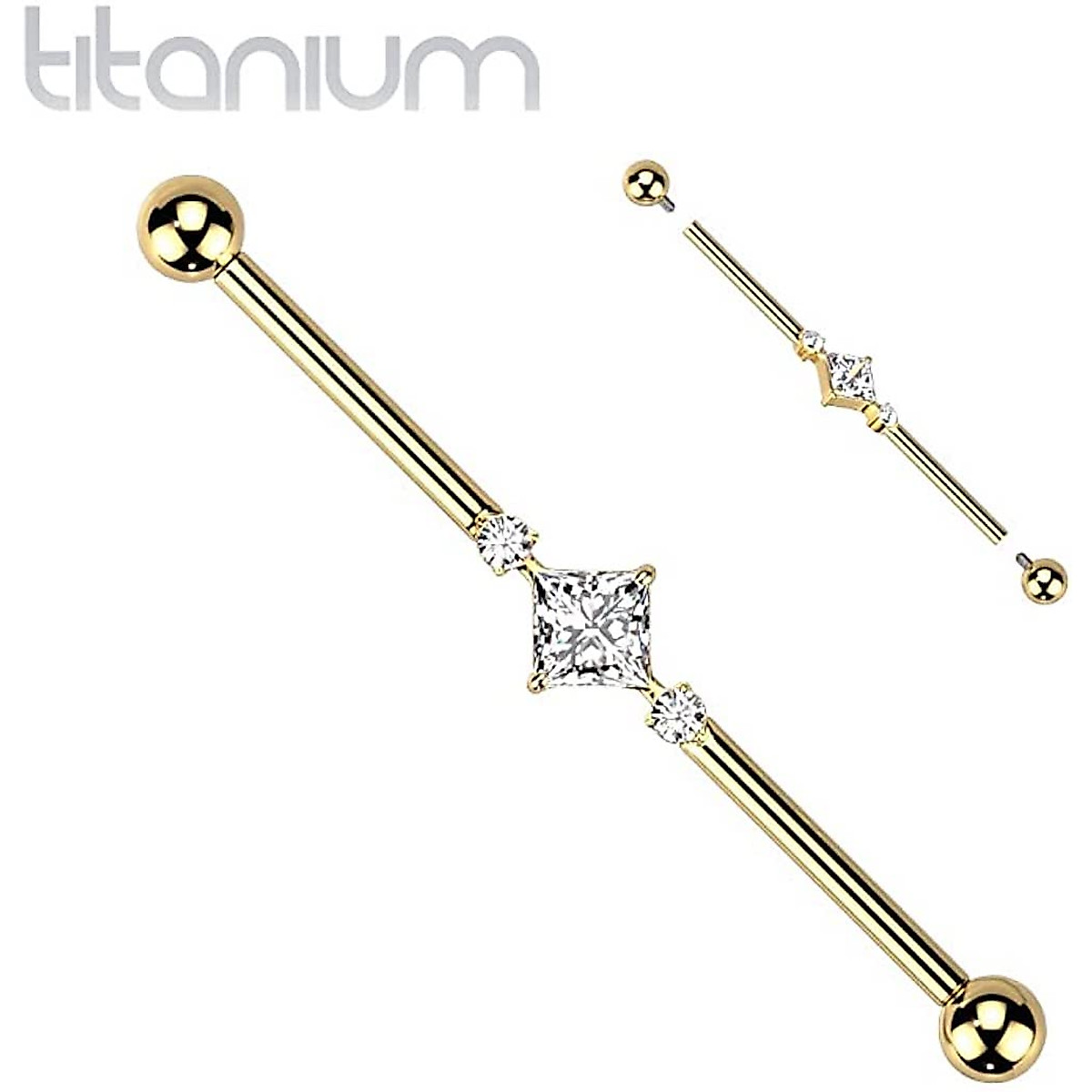 Covet Jewelry Titanium Internally Threaded Industrial Barbell With 2 Round CZ and Square Center (Gold/Clear)