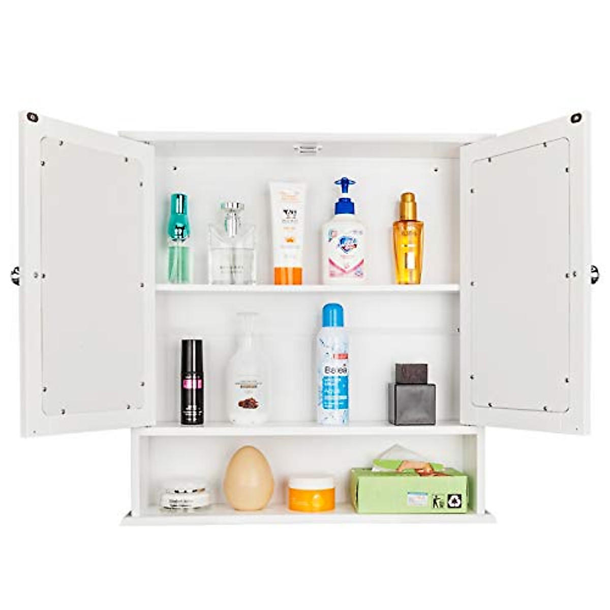 Duitrc Bathroom Wall Cabinet, White Wall Mounted Bathroom Cabinet, Space Saving Storage Cabinet with Mirrored Doors and 3 Open Shelves, Adjustable Shelves, Suitable for Bathroom,LivingRoom