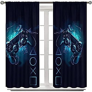 VTgclt Video Game Blue Gamepad Blackout Curtains, Console Game Controller,Thermal Insulated Drapes Rod Pocket Cafe Bedroom Living Room Kitchen Dining Room 2 Panels-52 W x 84" L