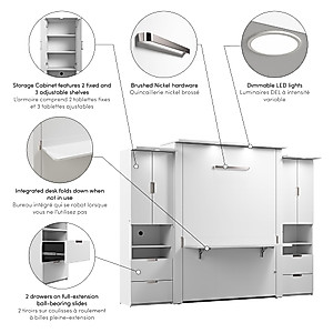 Bestar Lumina Murphy Bed with Desk and 2 Storage Cabinets in White, Sleeping Arrangement with Drawers, Queen