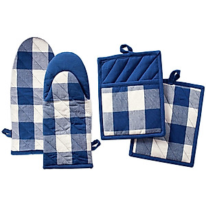 Cotton Oven Mitts and Pot Holder Sets Buffalo Check 4 Pack Heat Resistant Recycled Quilted Cotton Breathable Fabric Comfortable for Kitchen Cooking Baking