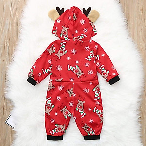 Matching Family Christmas Pajamas Sets Elk Antler Hooded Romper PJ's Zipper Jumpsuit Loungewear(Men,S)