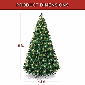 Best Choice Products 6ft Pre-Lit Premium Hinged Artificial Holiday Christmas Pine Tree for Home, Office, Party Decoration w/ 1,000 Branch Tips, 250 Lights, Metal Hinges & Foldable Base