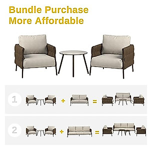 EAST OAK 3 Pieces Patio Furniture Set, Armchairs with Coffee Table, Outdoor Furniture with Thick Cushion, Modern Furniture Deep Seating for Garden Porch, Chestnut Brown & Creamy Apricot