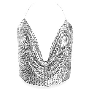 Sexy Silver Body Chains Beach Jewelry Disco Sequin Crop Top Sexy Deep V Backless Halter
