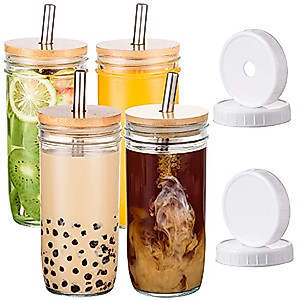 MOHARY [ 4 Pack ] Glass Cups Set - 24oz Mason Jar Drinking Glasses with Bamboo Lids & Straws & 2 Airtight Lids & 2 hole Lids - Cute Reusable Boba Bottle, Travel Tumbler for Tea, smoothie