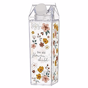 Acrylic Water Bottle by Heartfelt - Square Bottles - Clear Carton Juice or Milk Carton Water Bottle, 17-Ounce, Flower Child