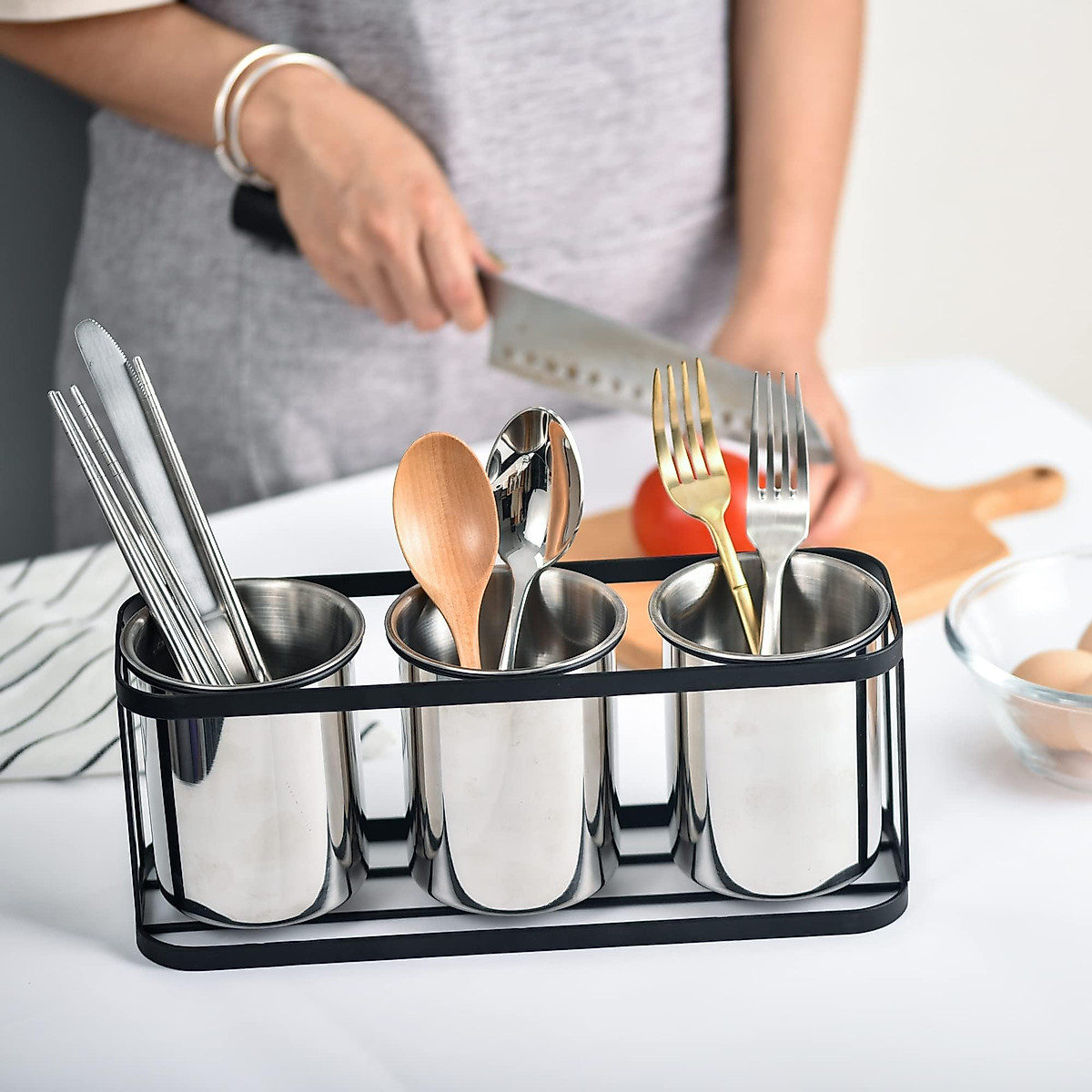 IMEEA Silverware Caddy for Countertop Kitchen Utensil Holder Stainless Steel Utensil Caddy Cutlery Holder with Black Metal Rack