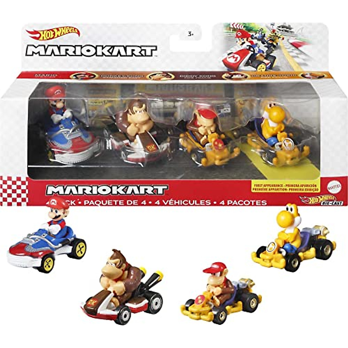 Hot Wheels Mario Kart Vehicle 4-Pack, Set of 4 Fan-Favorite Characters Includes 1 Exclusive Model, Collectible Gift for Kids & Fans Ages 3 Years Old & Up