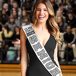 Senior Sash 2025 Unisex Sparkle Sash - Silver with Black Outline, Class of 2025 Premium Satin Sash for Graduation Party Supplies and Gifts (ClsOf25) SLV w/Blk