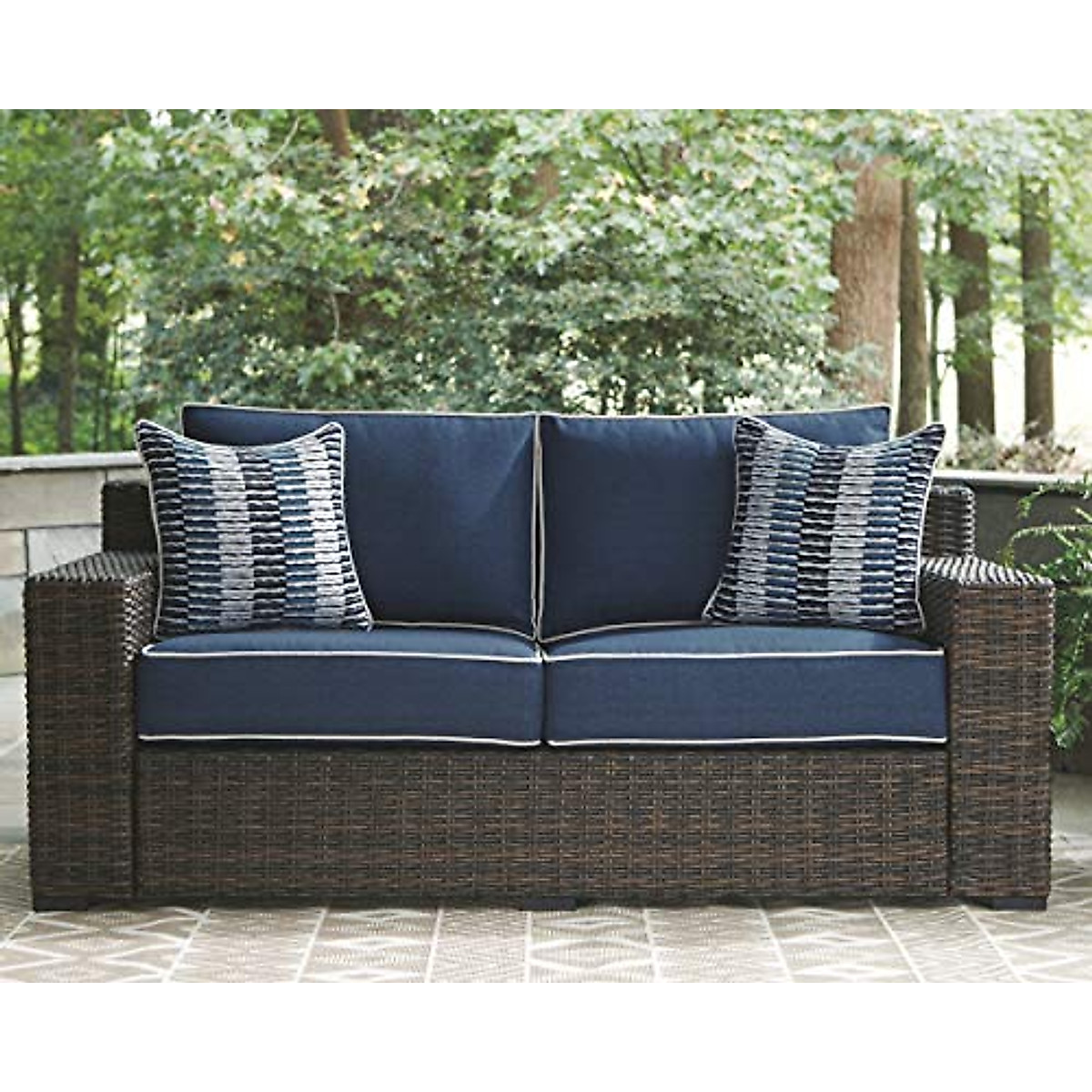 Signature Design by Ashley Grasson Lane Modern Farmhouse Outdoor Patio Loveseat, Brown & Blue