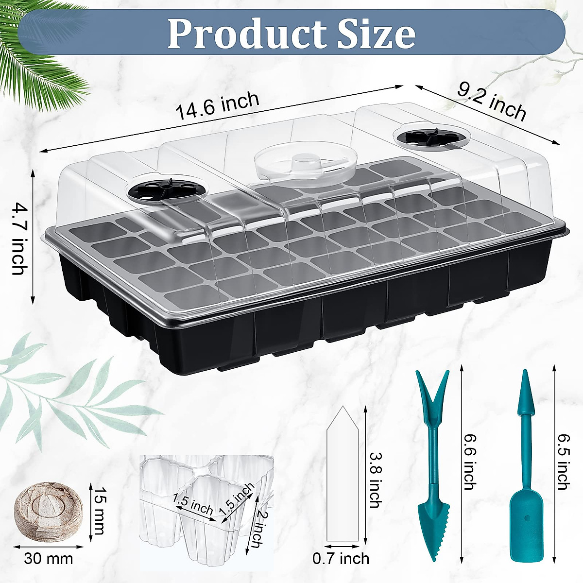 8 Pack Seed Starter Tray Seedling Trays with 200 Peat Pellets 20 Plant Labels 4 Gardening Tools with Humidity Vented Domes and Base Seed Germination Kit Mini Greenhouse for Plant Seedling (Black)